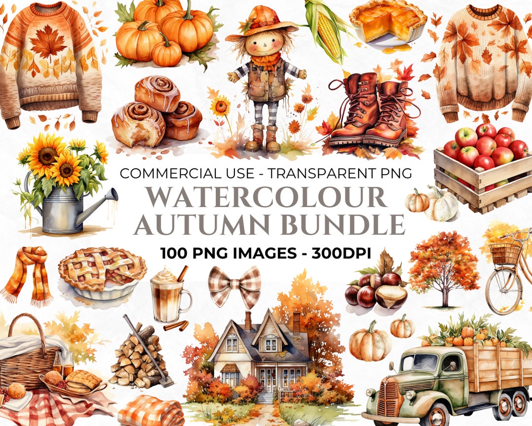 100 Watercolour Autumn Clipart, Cozy Fall Clipart Bundle, Cozy Clipart ...
