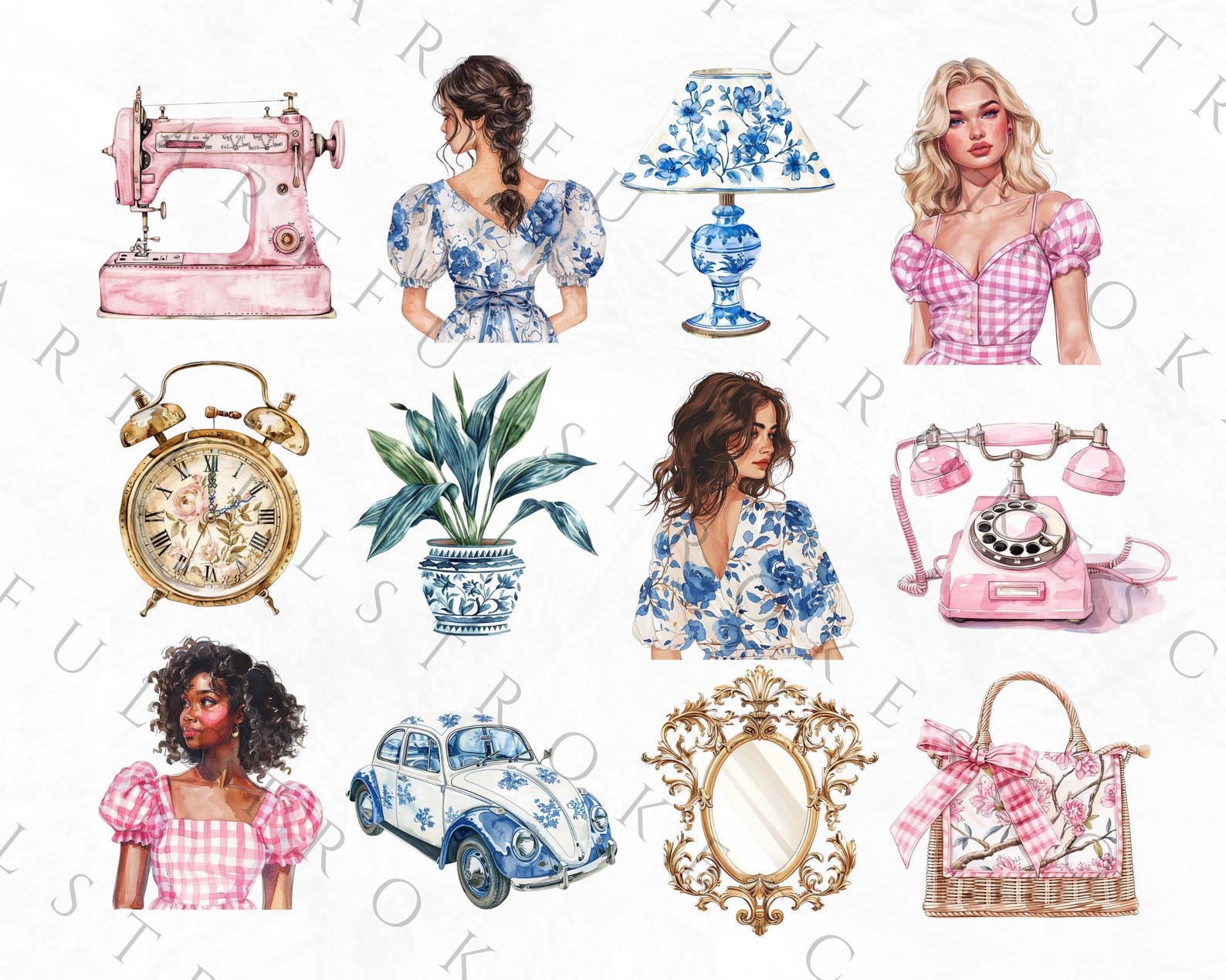 70 Watercolour Grandmillennial Clipart, Gingham Clipart, Vinatage ...