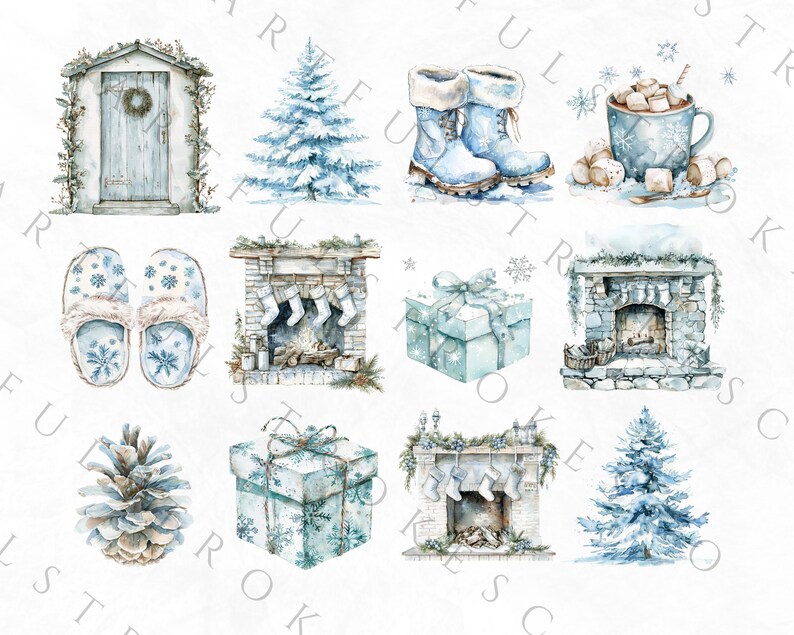 65 Watercolour Christmas Clipart, Snowflakes Clipart, Blue Christmas ...