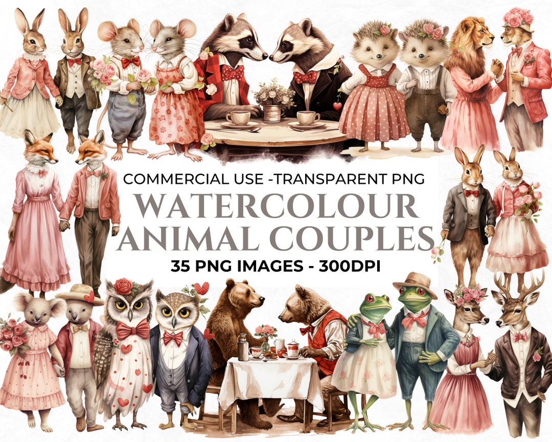 35 Valentines Day Animals Clipart, Watercolour Valentines Day, Couple ...