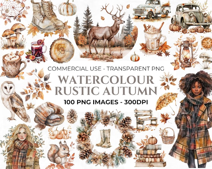 100 Watercolour Rustic Autumn Clipart, Fall Clipart, Cozy Autumn PNG ...