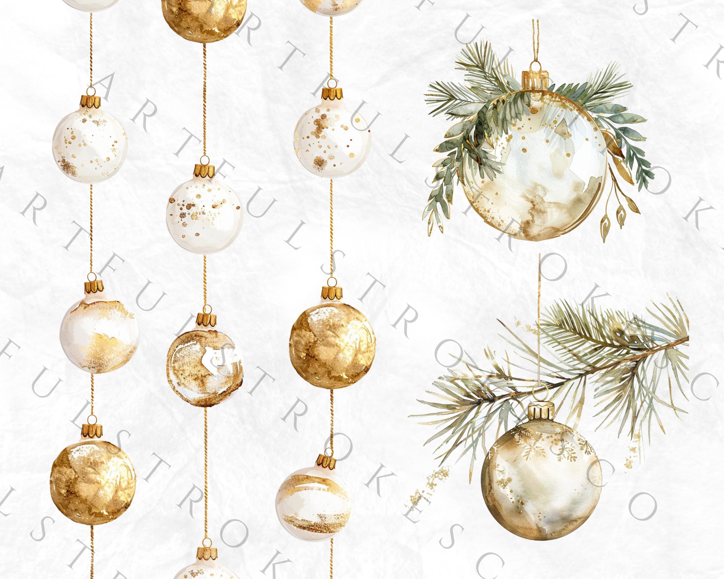 Watercolour Christmas Baubles Clipart, Gold and White Christmas Clipart ...