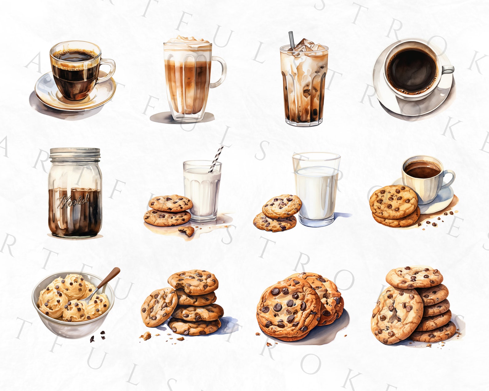 65 Watercolour Cookie Clipart, Elements for Cafe Clipart, Food PNG ...