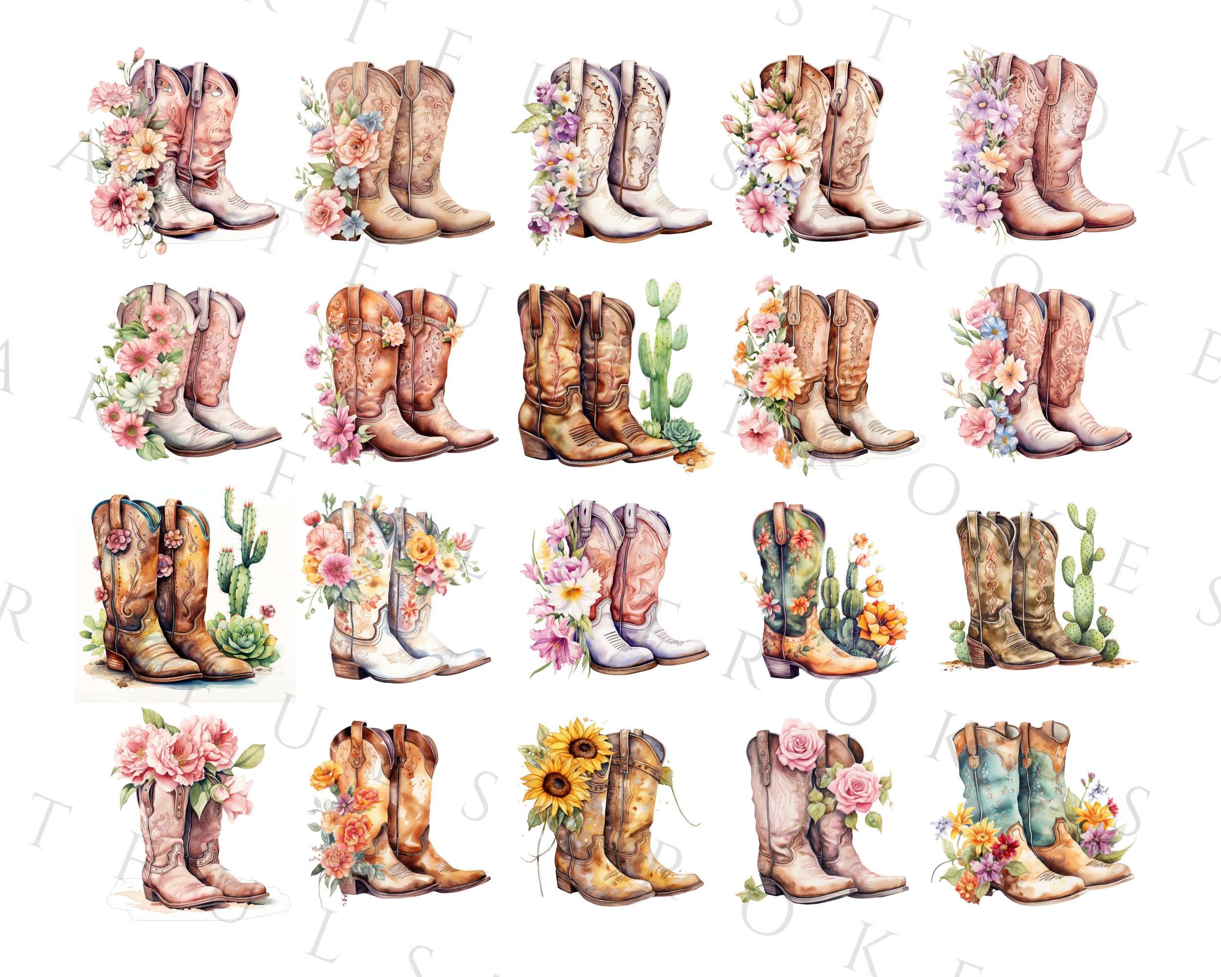 20 Watercolour Cowgirl Boots Clipart, Western Clipart, Cowgirl Bundle ...