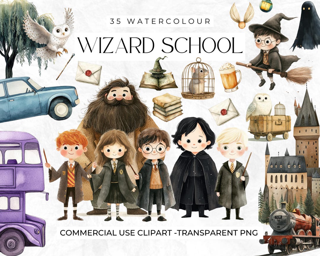 35 Watercolour Wizard School Clipart, Cute Wizard, Witch, Owl, Wizard ...