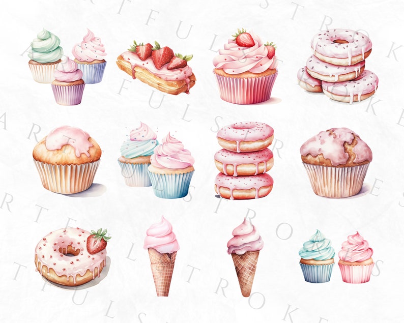 40 Watercolour Sweets Clipart, Deserts Clipart, Candy PNG Bundle ...