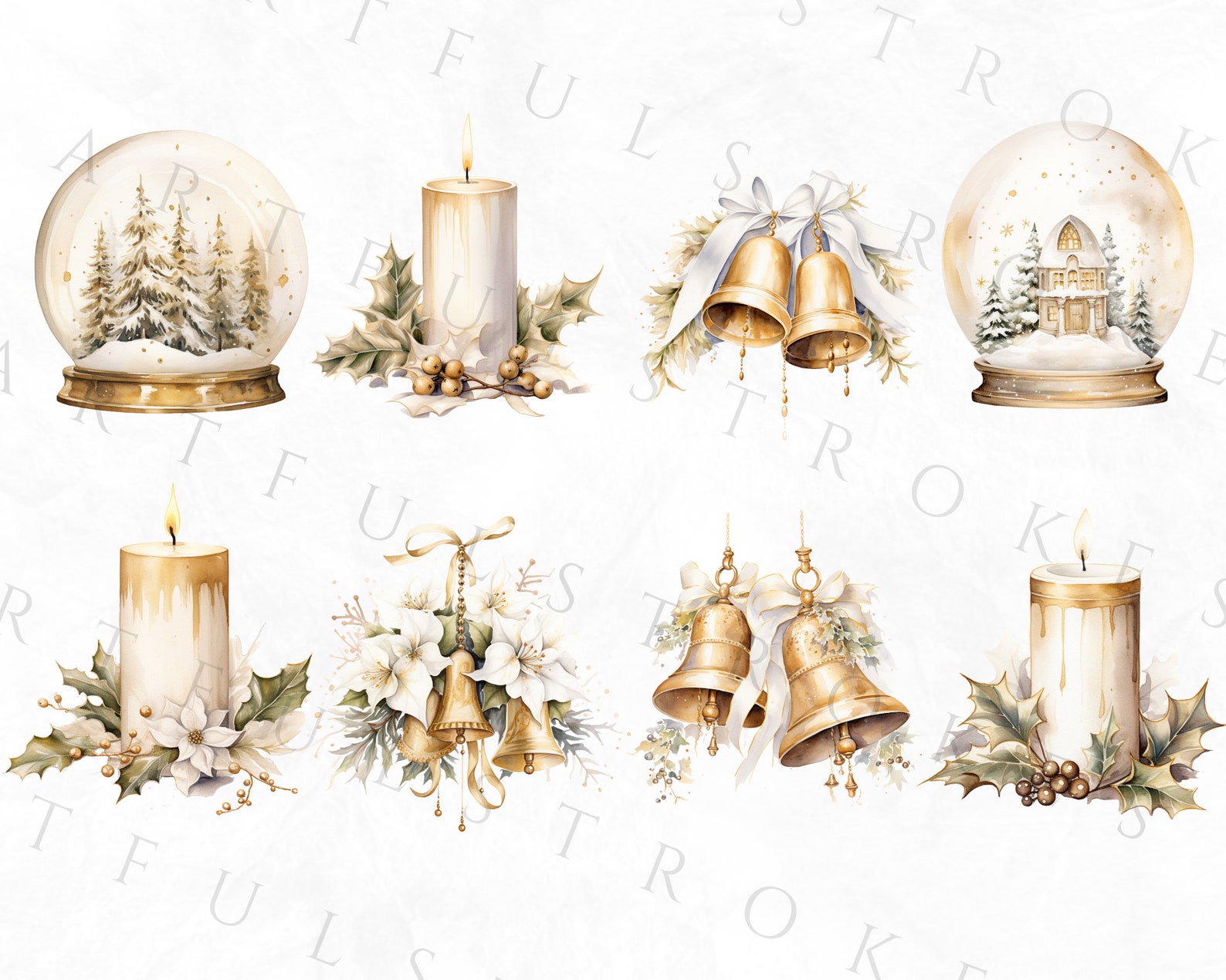 60 Watercolour Cozy Christmas Clipart, Gold Christmas, Elements for ...