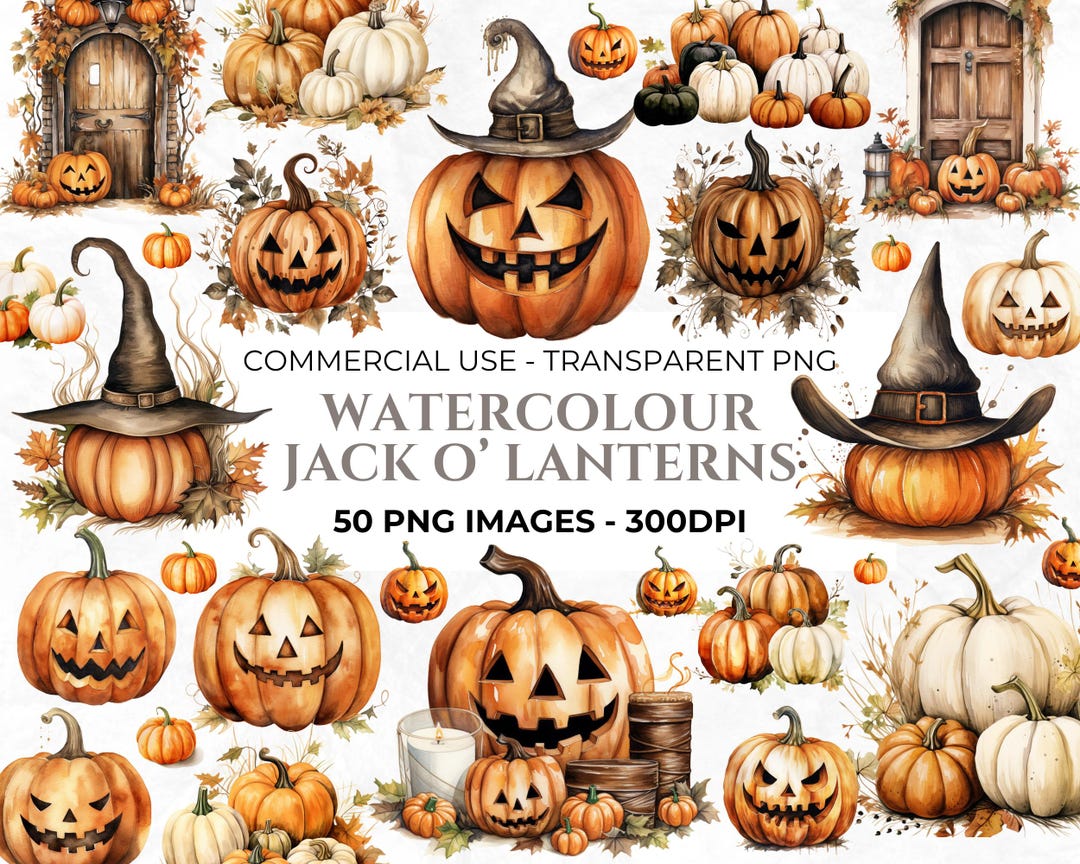 50 Jack O' Lanterns Clipart, Watercolour Halloween PNG, Carved Pumpkin ...