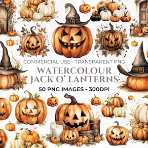 50 Jack O' Lanterns Clipart, Watercolour Halloween PNG, Carved Pumpkin ...