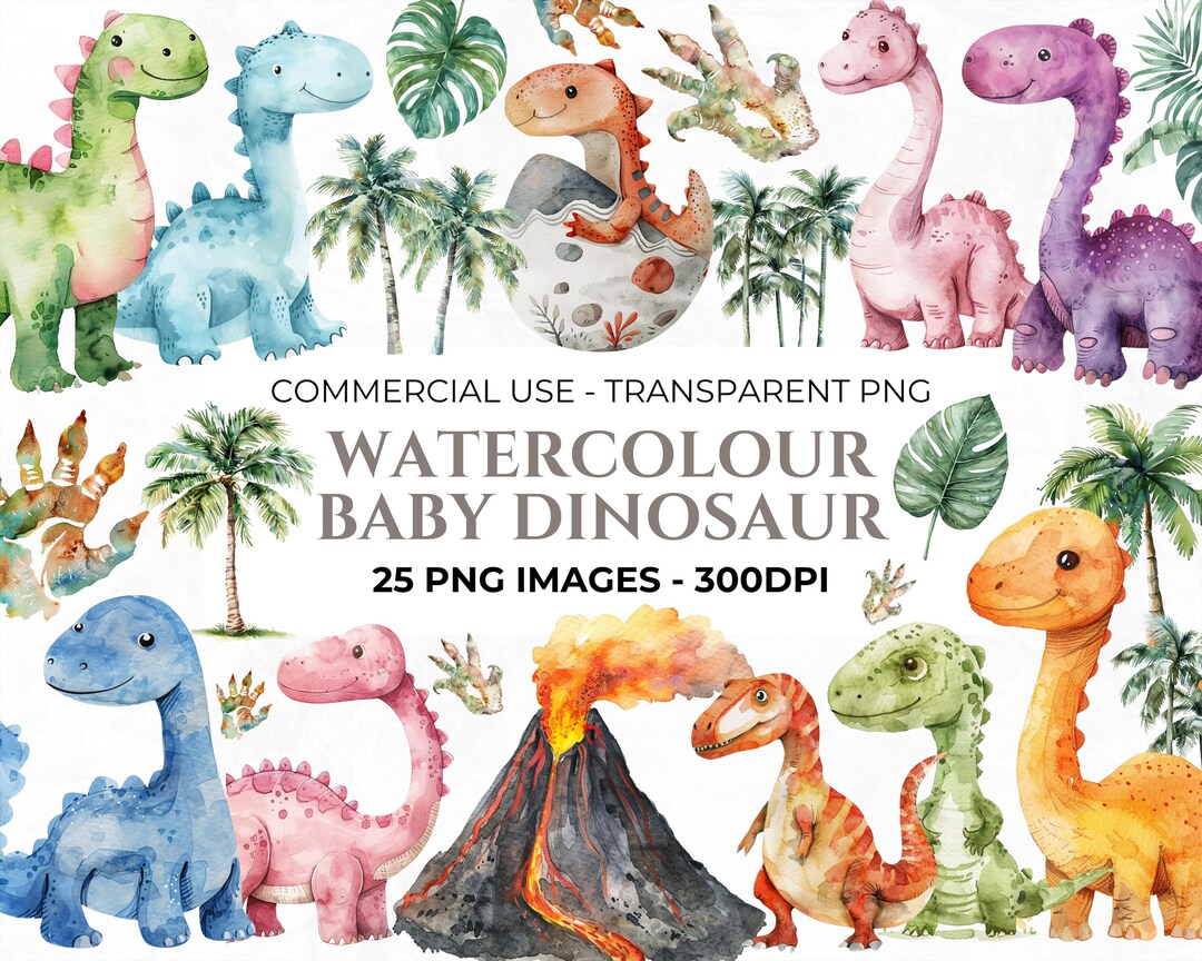 25 Watercolour Baby Dinosaur Clipart, Baby Dino Clipart, Nursery, Baby ...