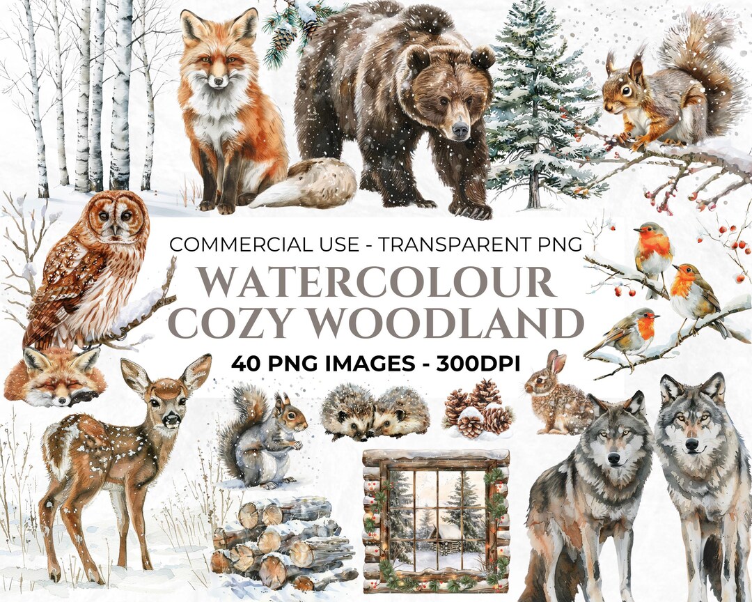 Watercolour Winter Woodland Clipart, Forest Animals, Christmas PNG ...