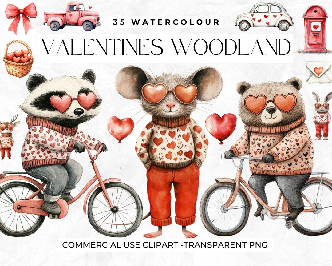 35 Valentines Day Clipart, Watercolour Valentines Day Animals, Romantic ...