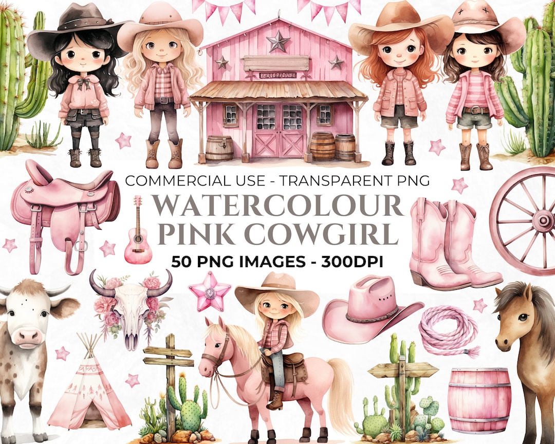 Watercolour Cute Cowgirl Clipart, Pink Wild West Bundle, Baby Girl ...