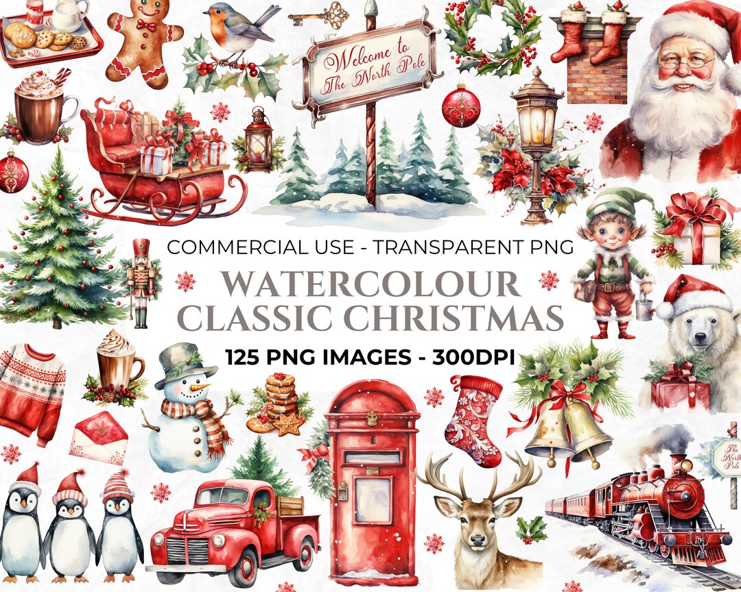 125 Watercolour Christmas Clipart, the North Pole, Santas Village ...