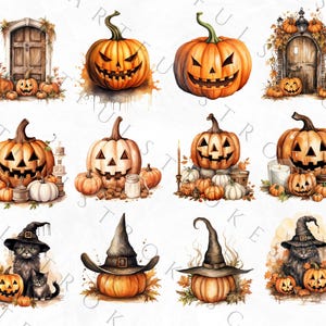 50 Jack O' Lanterns Clipart, Watercolour Halloween PNG, Carved Pumpkin ...