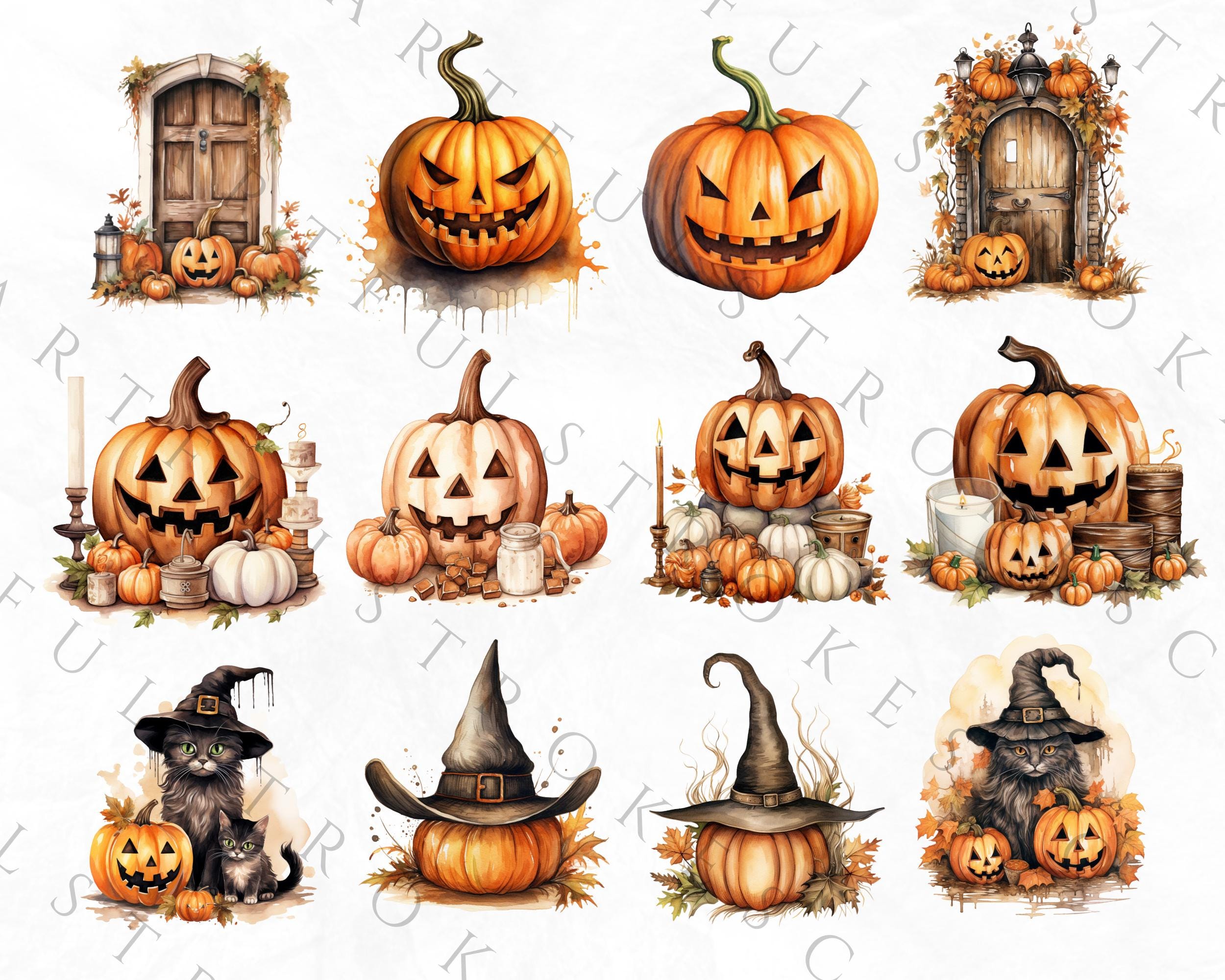 50 Jack O' Lanterns Clipart, Watercolour Halloween PNG, Carved Pumpkin ...