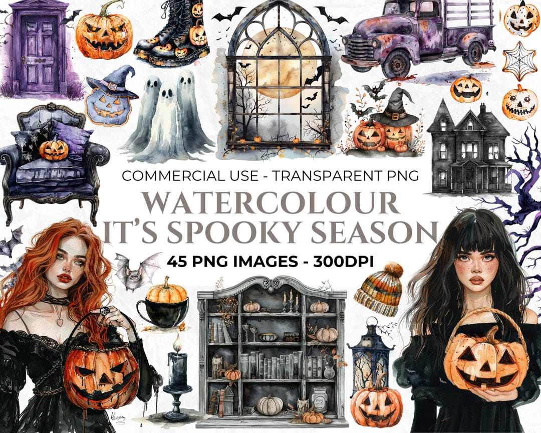 45 Watercolour Halloween Clipart, Scary PNG, Pumpkin, It's Spooky ...
