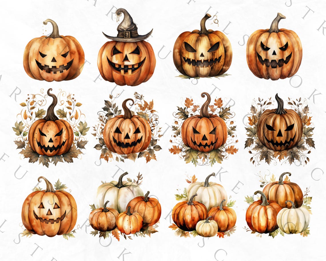 50 Jack O' Lanterns Clipart, Watercolour Halloween PNG, Carved Pumpkin ...
