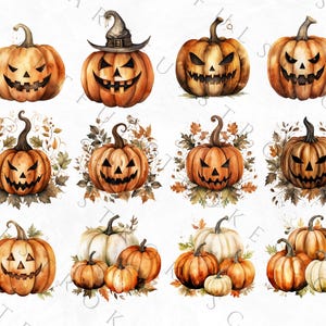 50 Jack O' Lanterns Clipart, Watercolour Halloween PNG, Carved Pumpkin ...