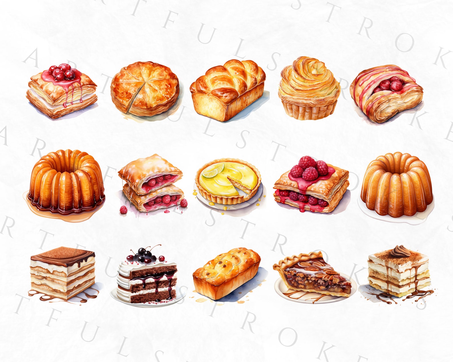 115 Watercolour Patisserie Clipart, Elements for Cafe Clipart, Menu ...