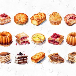 115 Watercolour Patisserie Clipart, Elements for Cafe Clipart, Menu ...