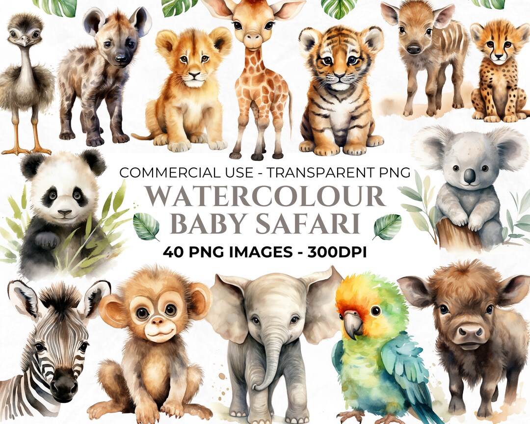40 Baby Safari Animals Clipart, Watercolour Clipart, Nursery Animals ...