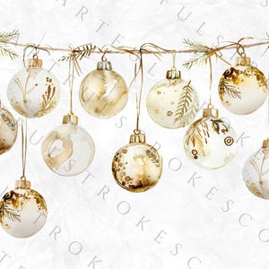 Watercolour Christmas Baubles Clipart, Gold and White Christmas Clipart ...