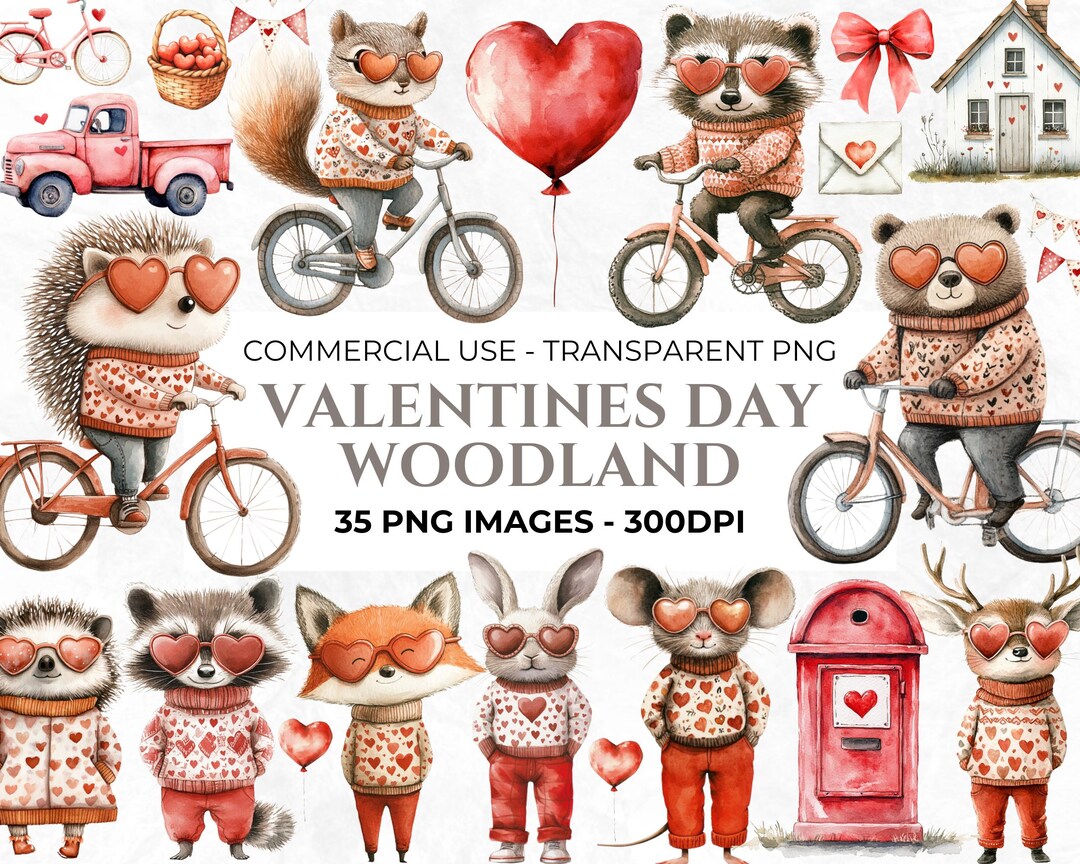 35 Woodland Animals Valentines Day Clipart, Watercolour Valentines Day ...