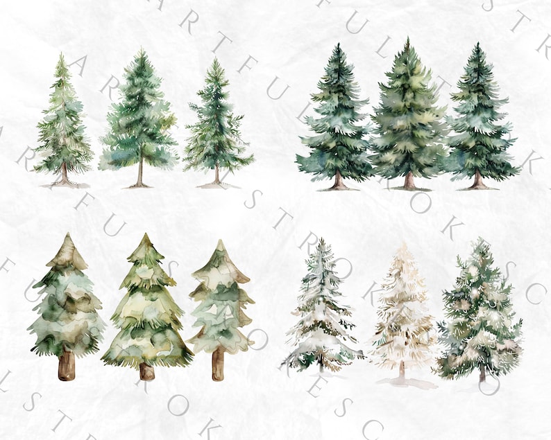 Watercolour Christmas Trees Clipart, Pine Tree Clipart, Green Christmas ...