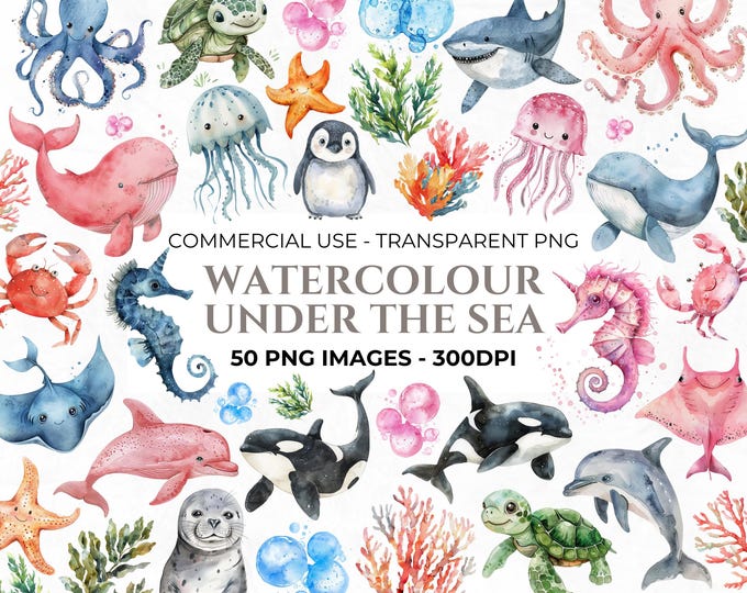 Under the Sea Clipart Set. Cute Sea Animals, Whale, Dolphin, Shark ...