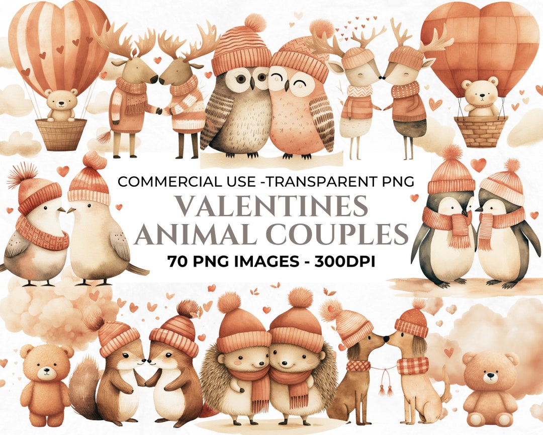 70 Valentines Day Animals Clipart, Watercolour Animal Couples, Romantic ...