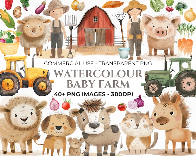Watercolor Farm Animal Clipart Bundle, Flower Cows PNG, Baby Animals ...