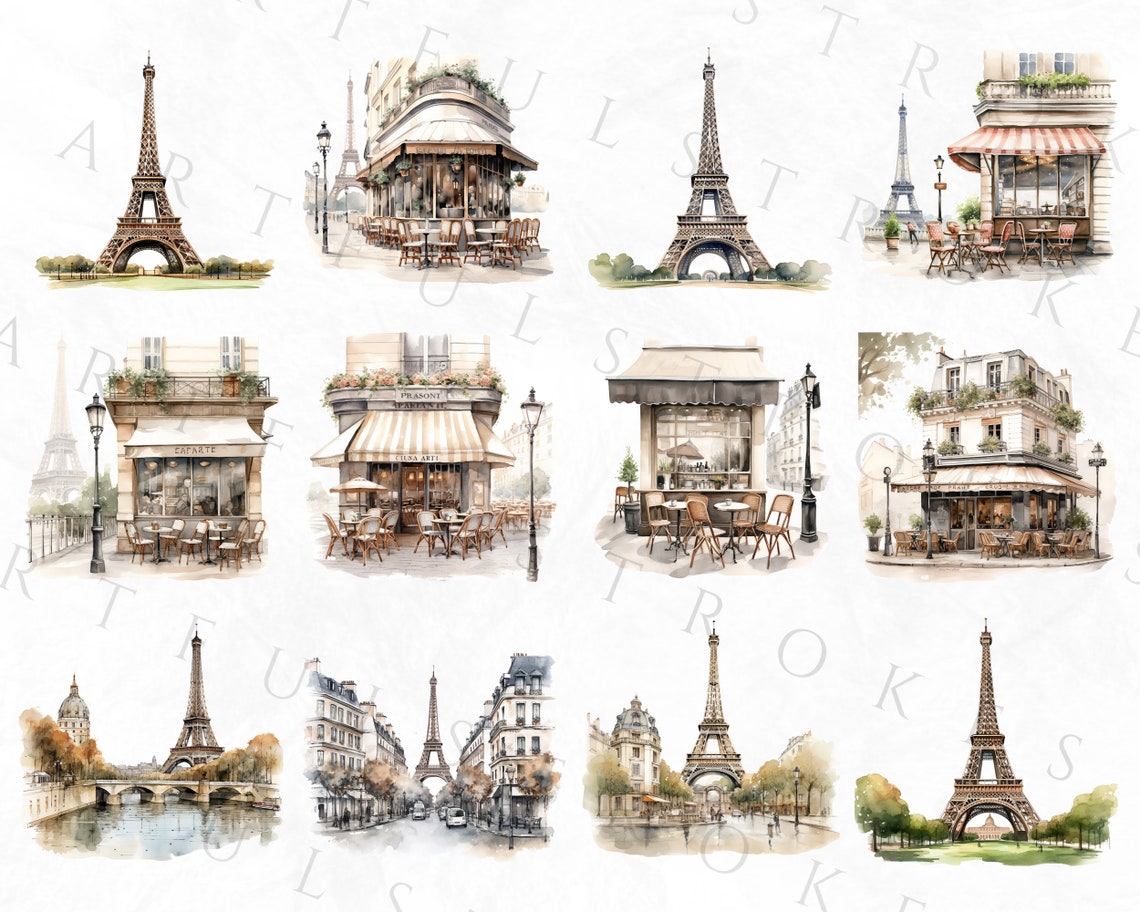 60 Paris Clipart, Valentines Day Clipart, France Clipart, Watercolour ...