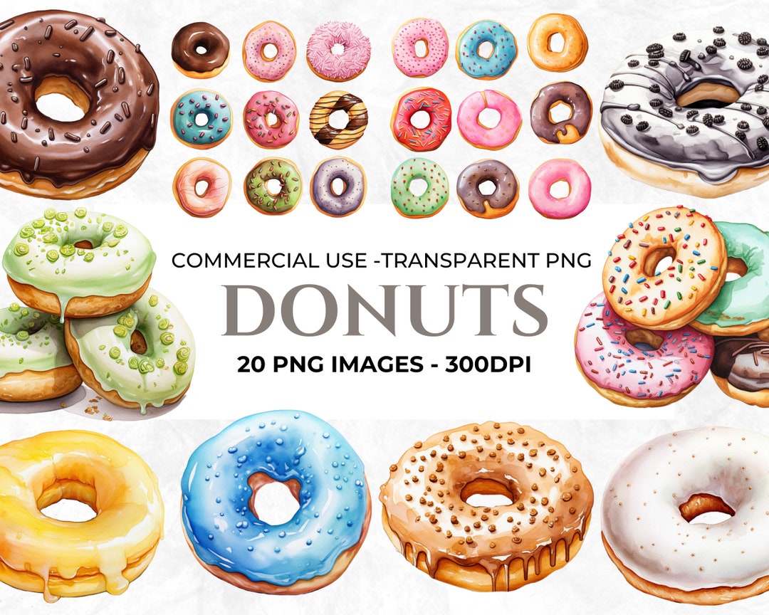 20 Watercolour Donuts Clipart, Food Clipart, Dessert PNG Bundle ...