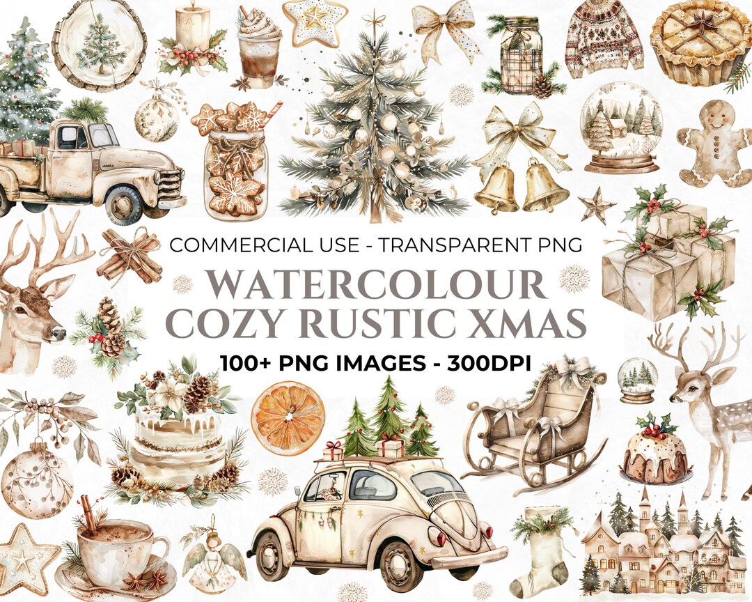 100+ Watercolour Rustic Christmas Clipart, Christmas Tree Clipart, Boho ...