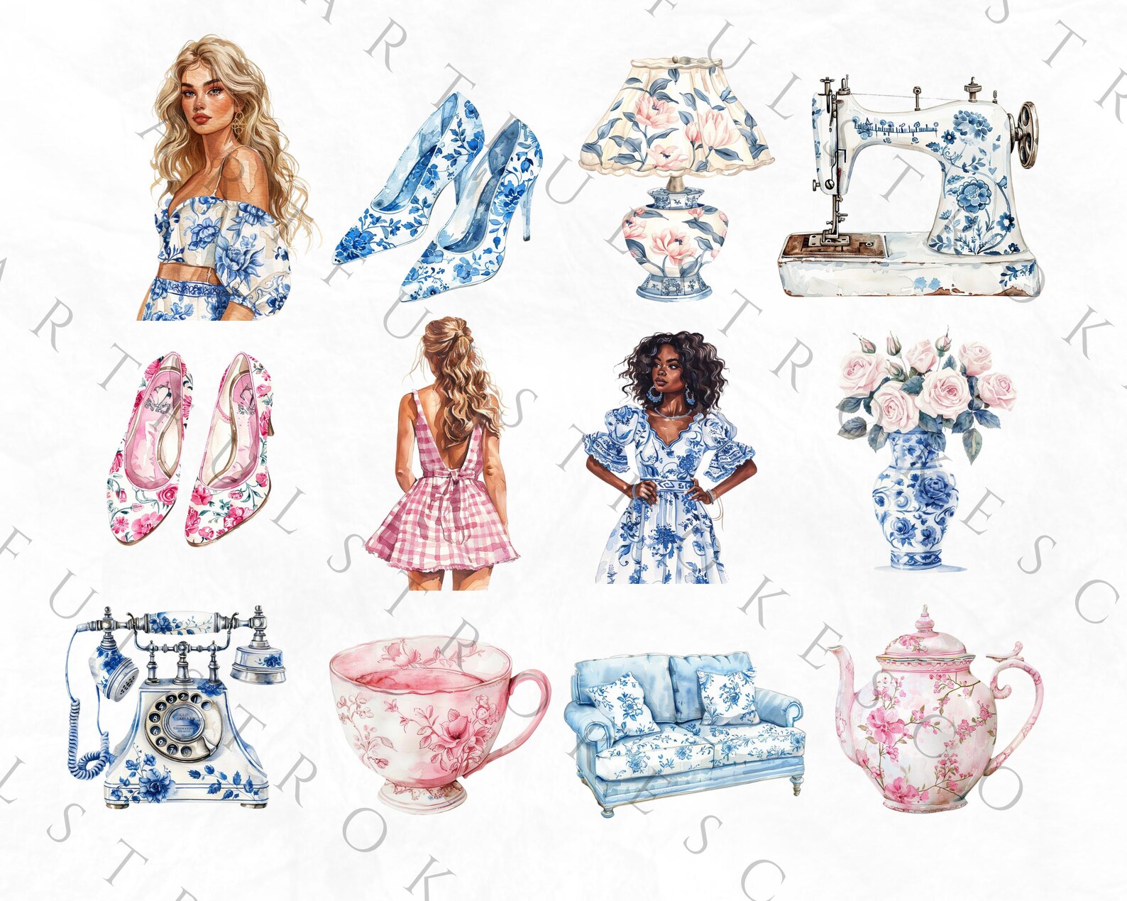 70 Watercolour Grandmillennial Clipart, Gingham Clipart, Vinatage ...