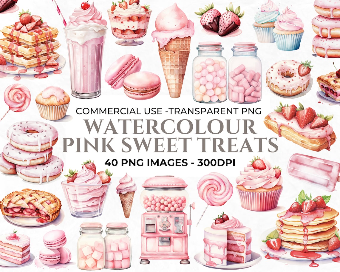 40 Watercolour Sweets Clipart, Deserts Clipart, Candy PNG Bundle ...