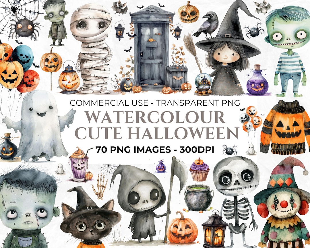 70 Watercolour Cute Halloween Clipart, Scary PNG, Pumpkin, Kids ...