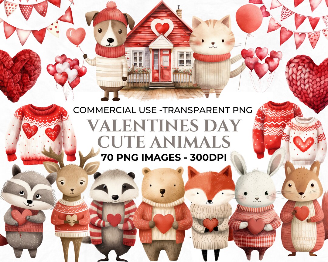 70 Valentines Day Clipart, Watercolour Valentines Day Animals, Romantic ...