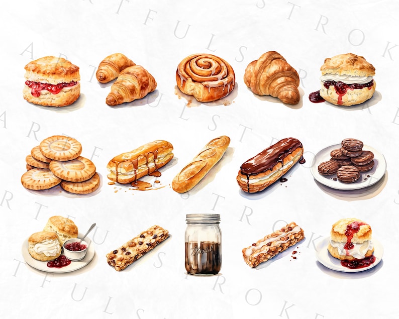 115 Watercolour Patisserie Clipart, Elements for Cafe Clipart, Menu ...