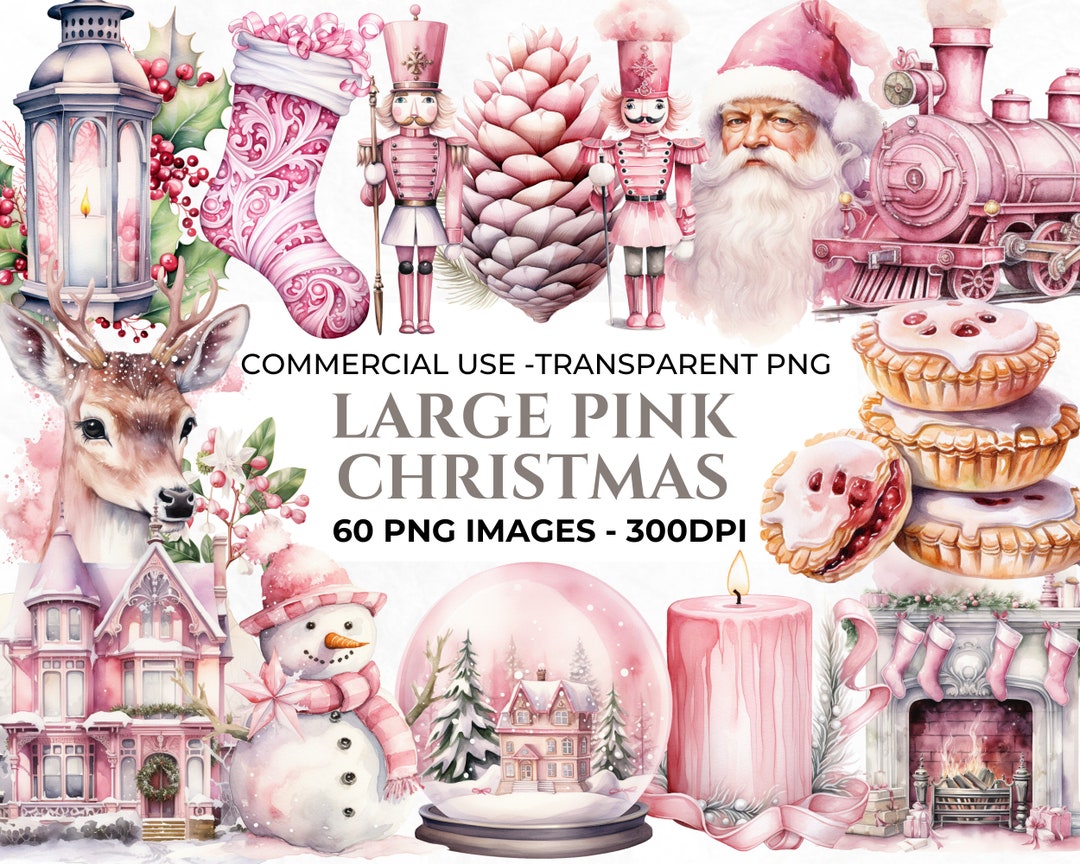60 Pink Christmas PNG Clipart, Watercolour Pink Christmas, Elements for ...