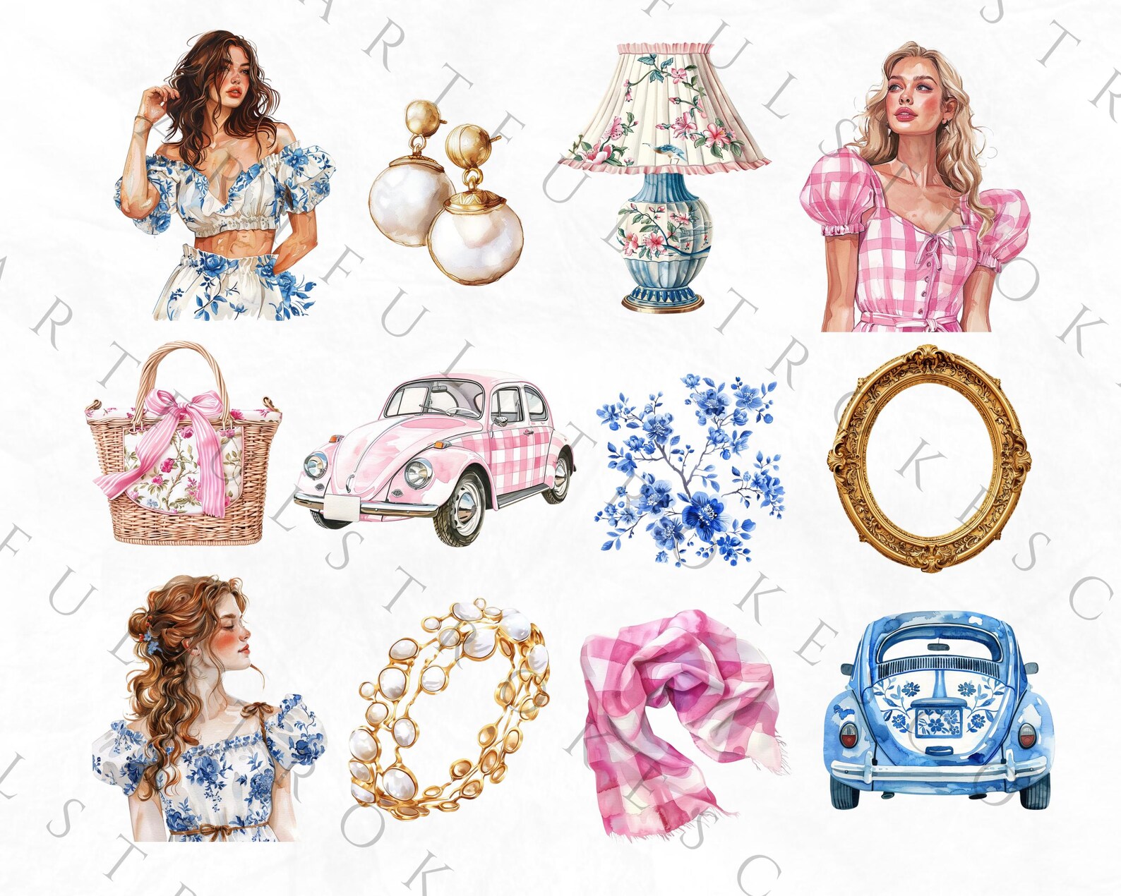 70 Watercolour Grandmillennial Clipart, Gingham Clipart, Vinatage ...