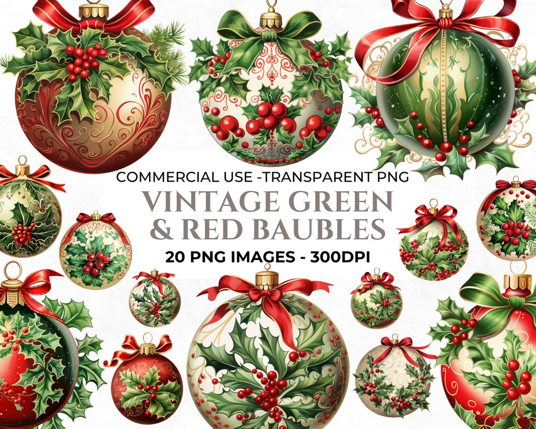 20 Vintage Christmas Bauble Clipart, Red and Green Christmas, Elements ...