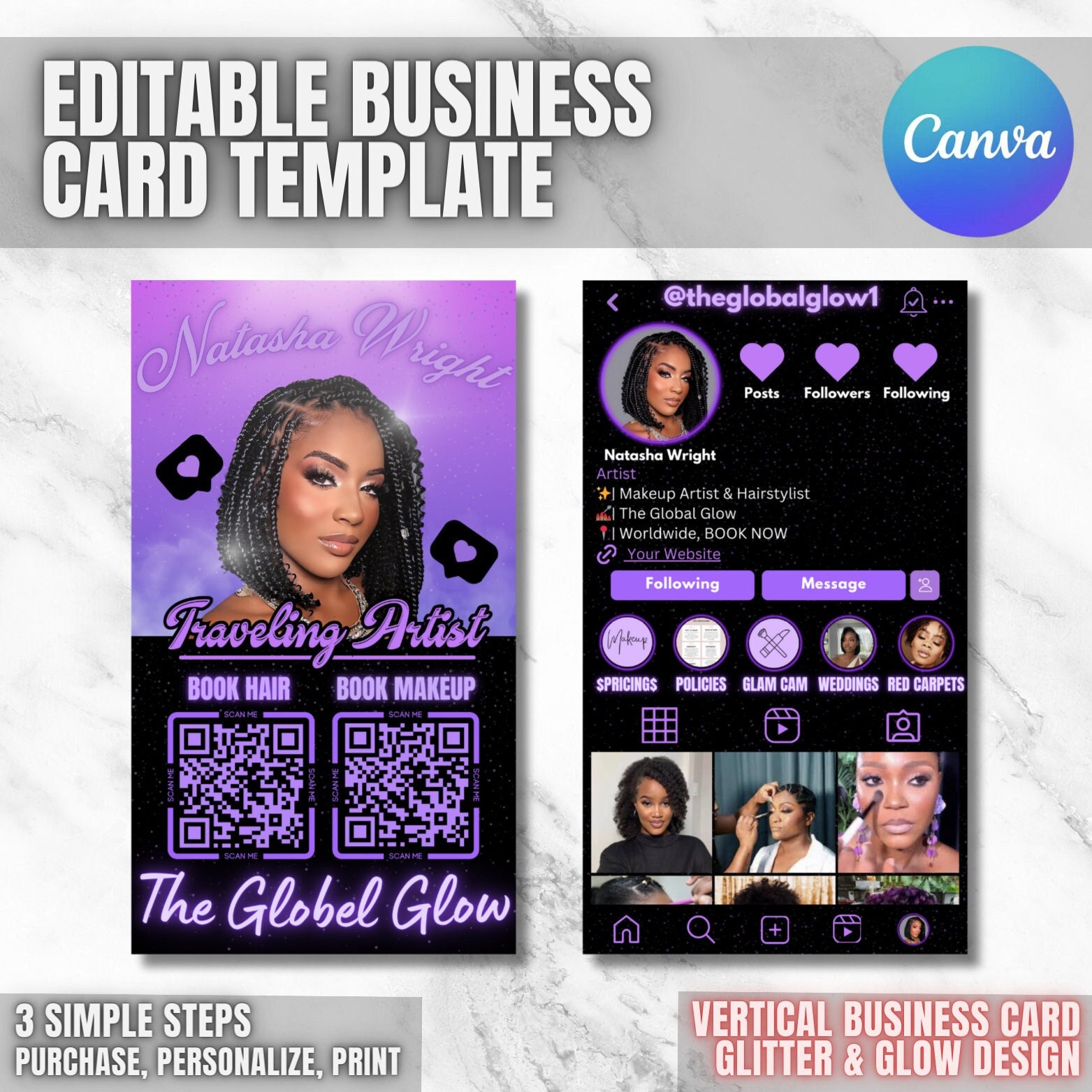 Glow & Glitter Instagram Editable Vertical Business Card Template, DIY ...