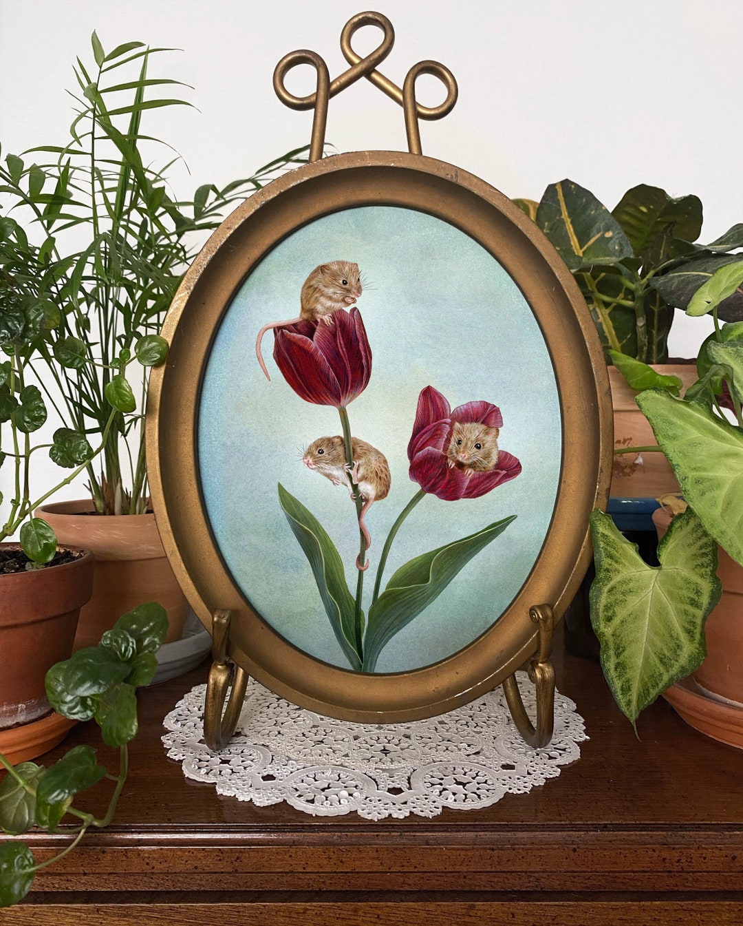 Tulip With Harvest Mice Oval Watercolor Art Print - Etsy