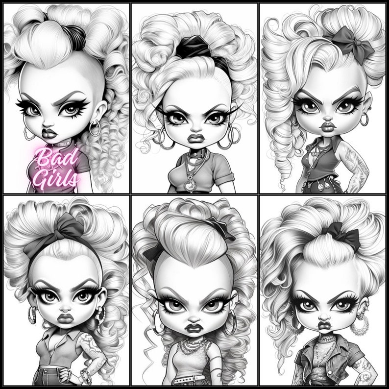 24. Grayscale Coloring PDF Images of Super Cute Bad Girls. - Etsy