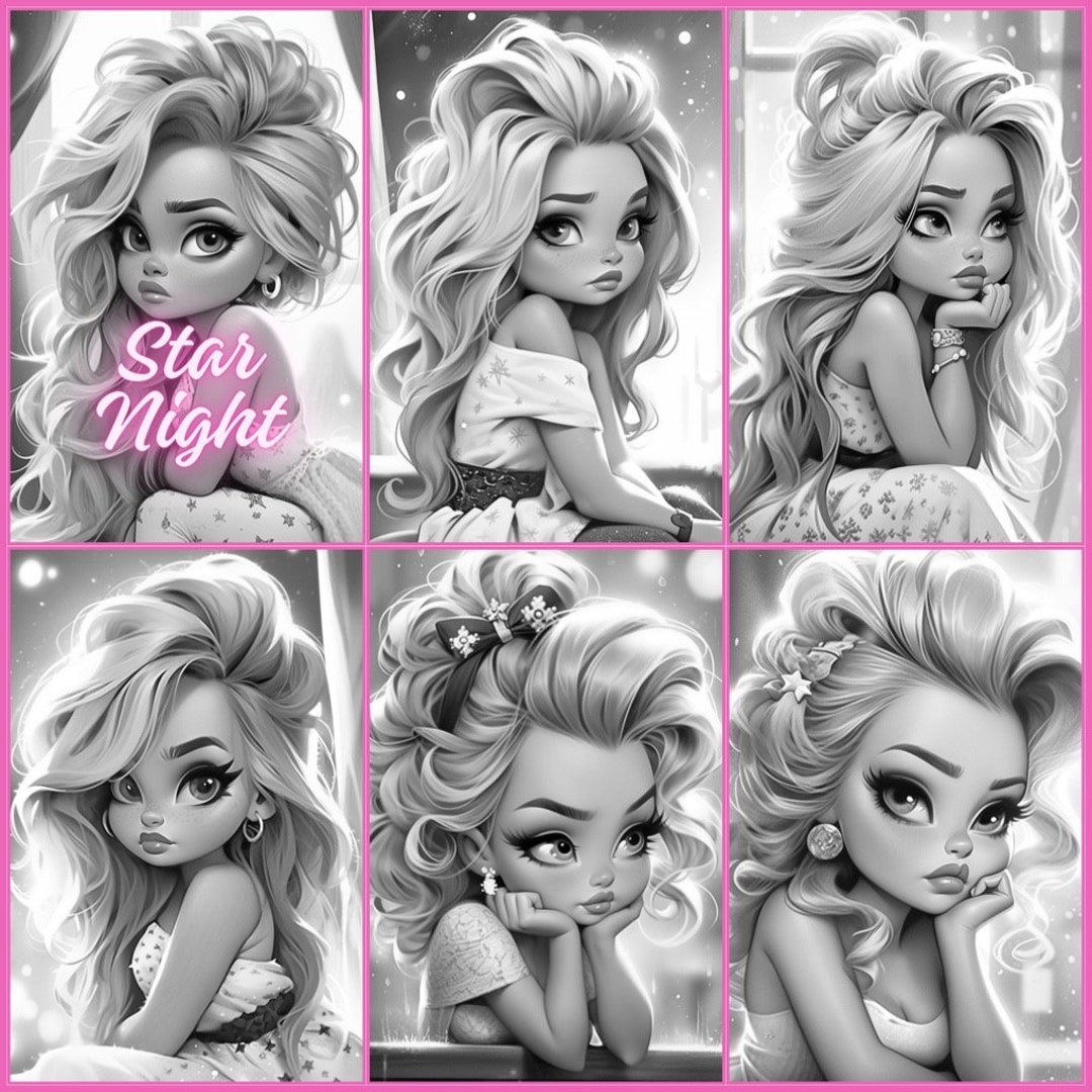 21 Grayscale Coloring PDF Images of Beautiful Girls, Enjoying a Star ...