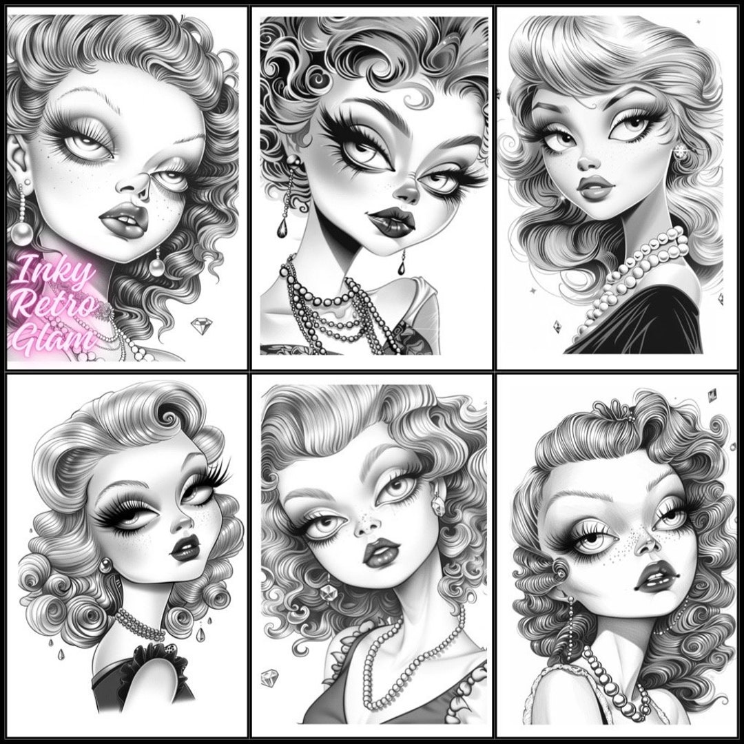 26 Grayscale Coloring PDF, Images of Beautiful Inky, Retro Glam Girls ...
