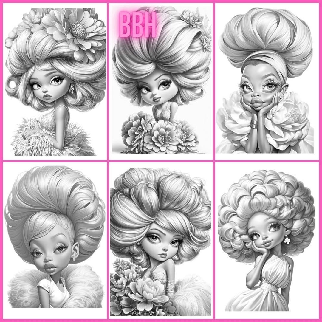 Big Hair Girls Coloring Pages: 32 Grayscale Images (PDF) - Etsy