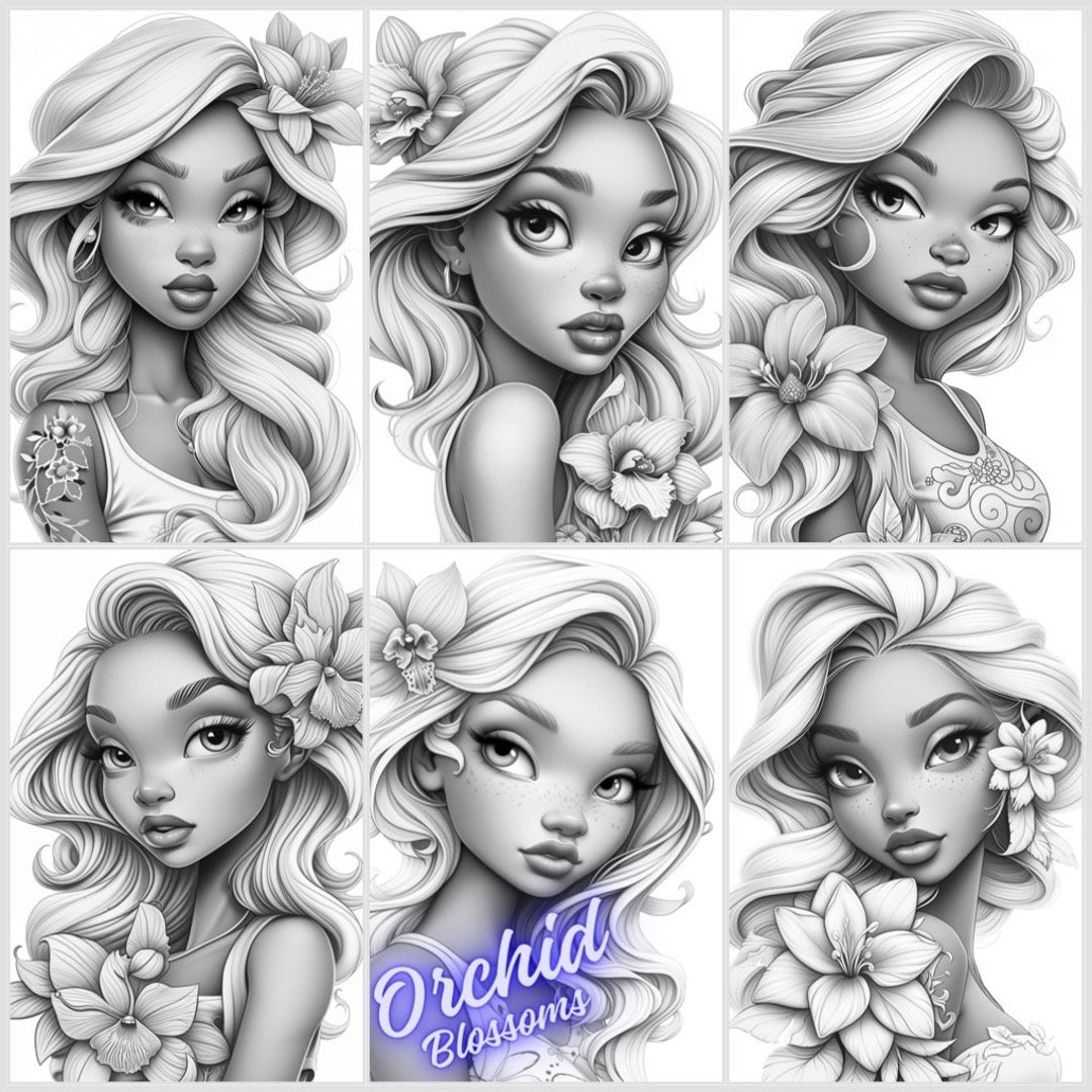 24. Grayscale Coloring PDF, Images of Beautiful, Orchid Blossom Girls ...